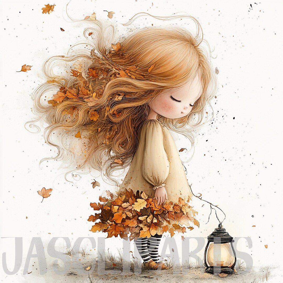 Autumn Girl Watercolor Clipart, Fall Leaves PNG, Commercial Use ...