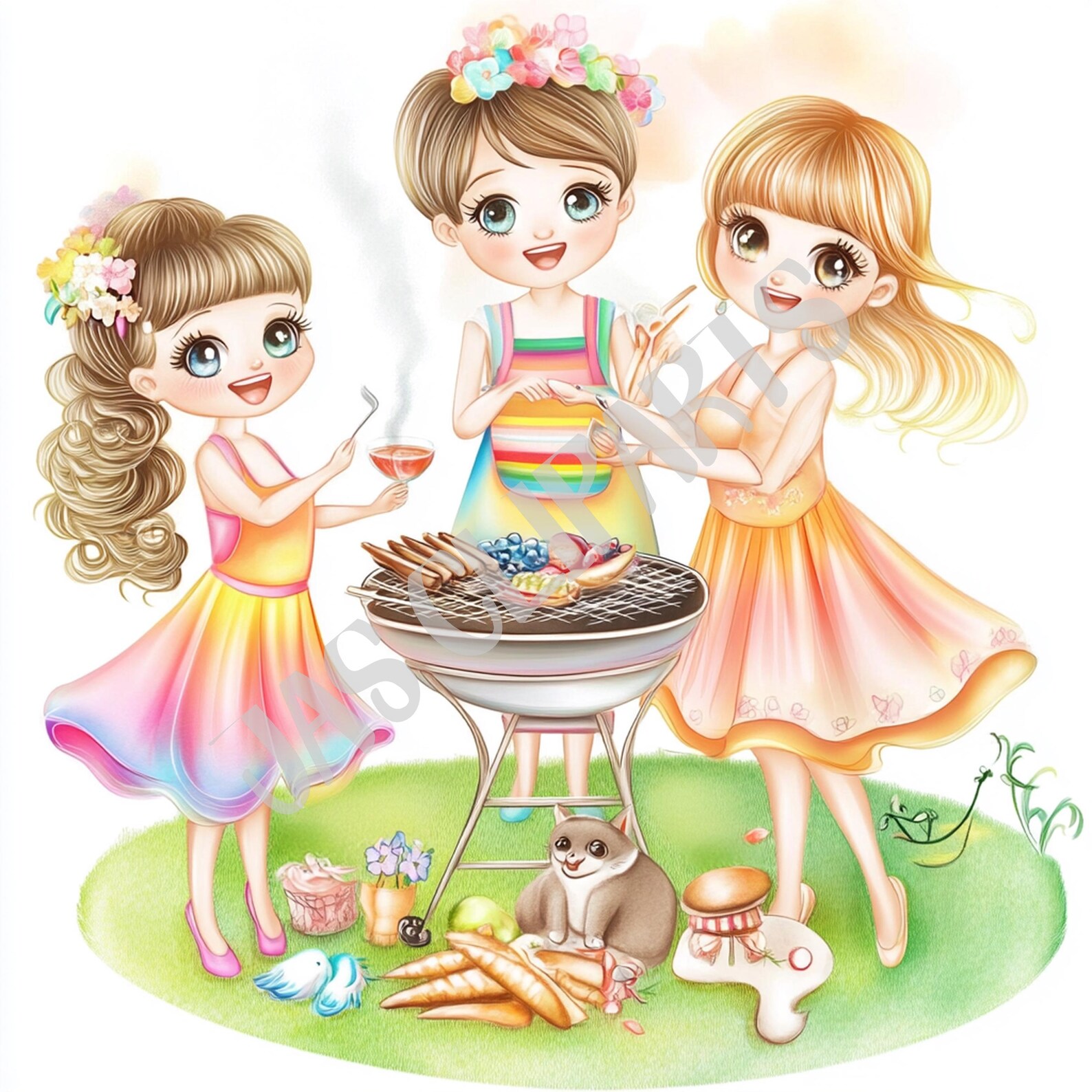Kawaii BBQ Girls Clipart | Summer Picnic Illustration (digital Download ...