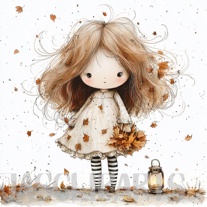 Autumn Girl Watercolor Clipart, Fall Leaves PNG, Commercial Use ...