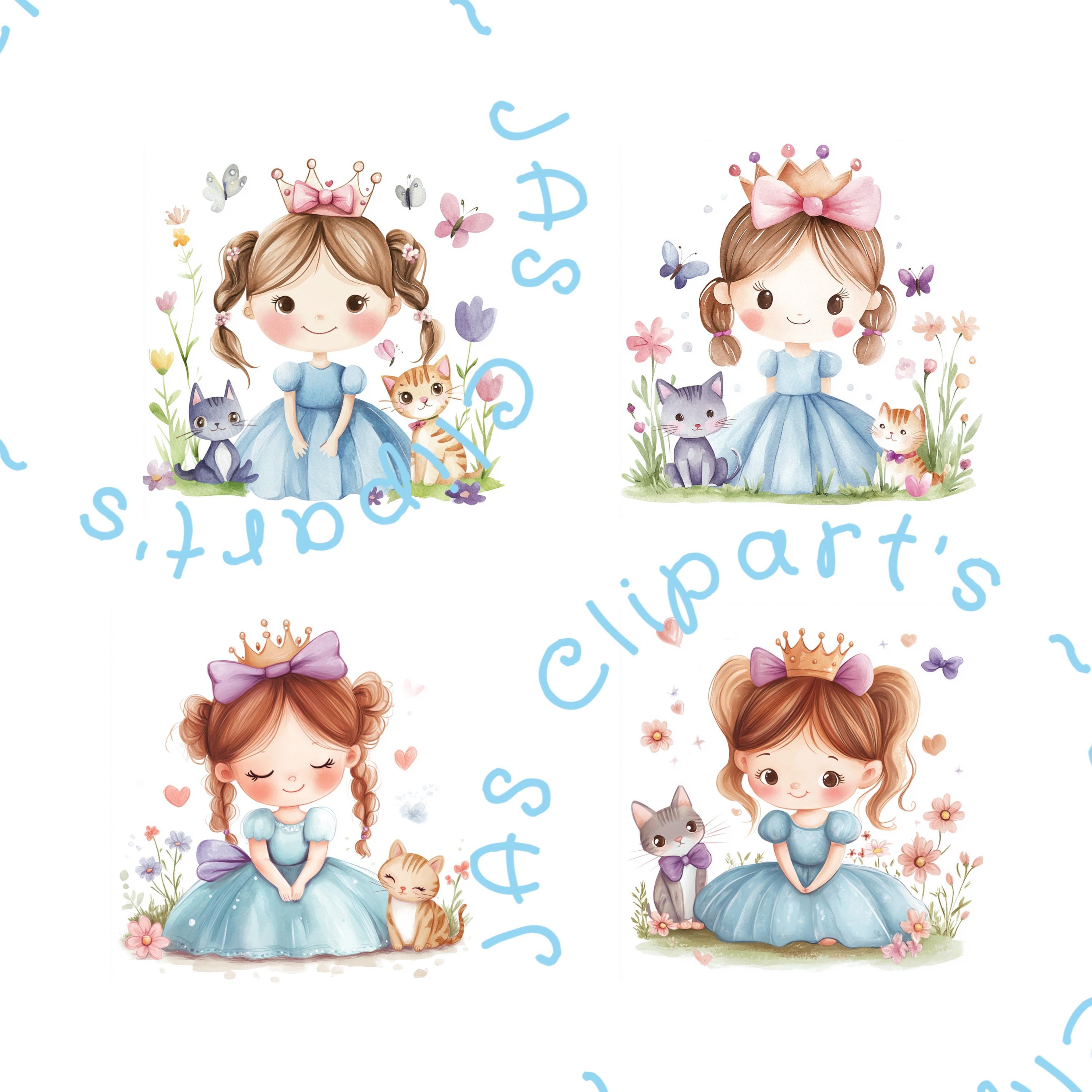 Watercolor Princess Girl Clipart, Fairytale Kawaii PNG (digital ...