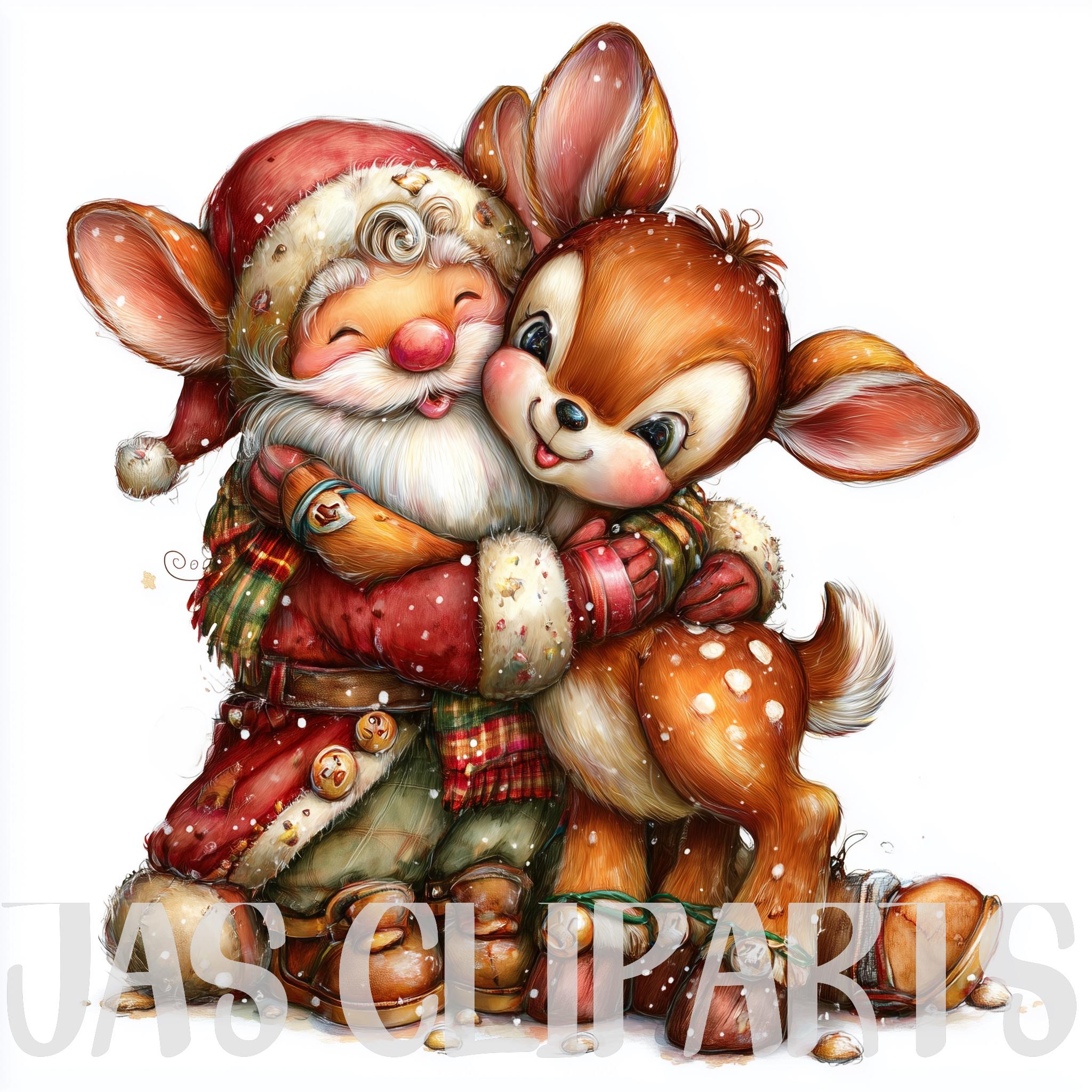 15 Red Santa Claus and Friends Cartoon Clipart: Funny Holiday Trio ...