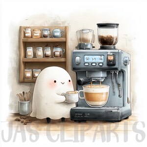 Halloween Ghost Coffee Clipart PNG: Kawaii Barista Art (digital ...