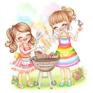 Kawaii BBQ Girls Clipart | Summer Picnic Illustration (digital Download ...