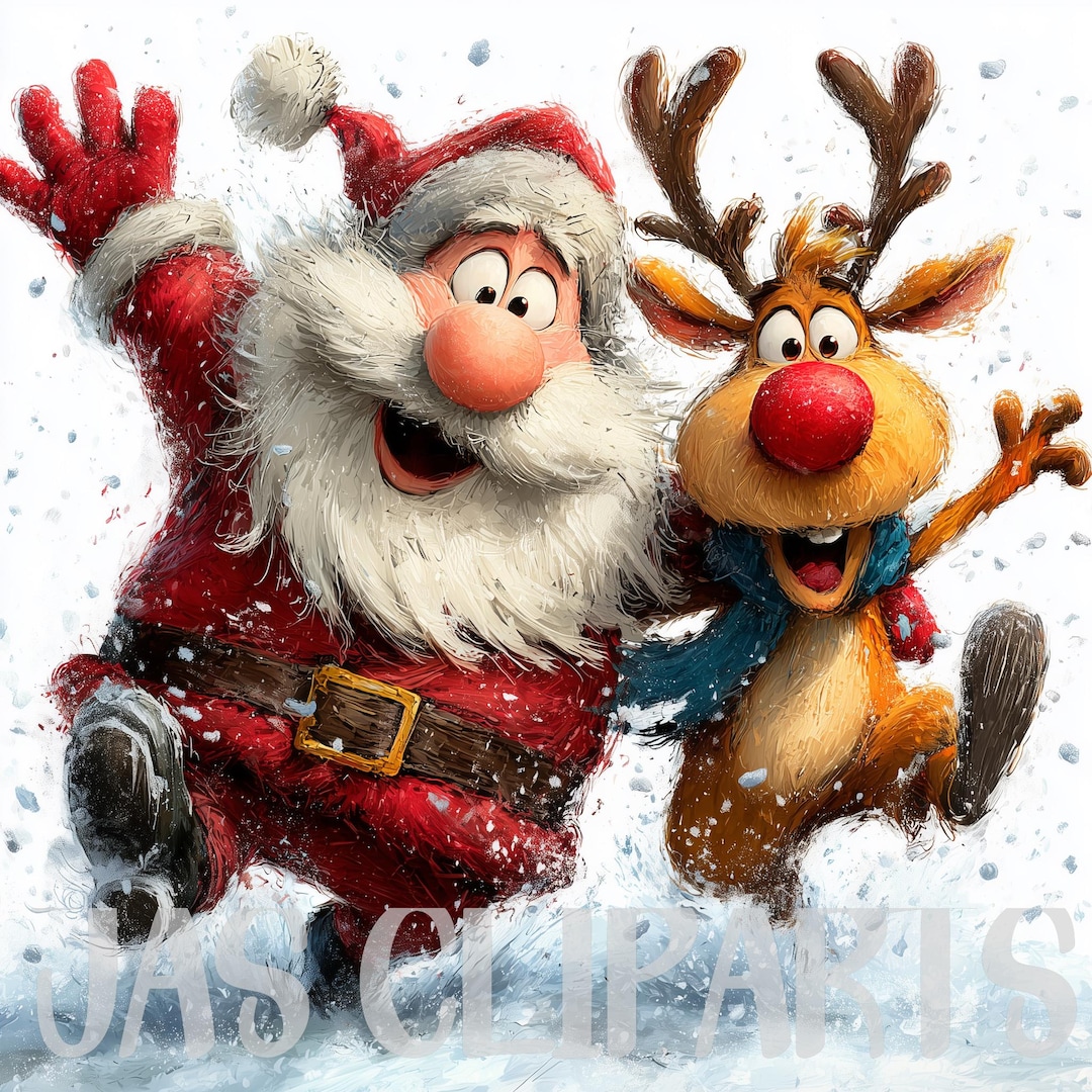 19 Cute Red Santa and Friends Clipart: Funny Holiday Trio Illustration ...