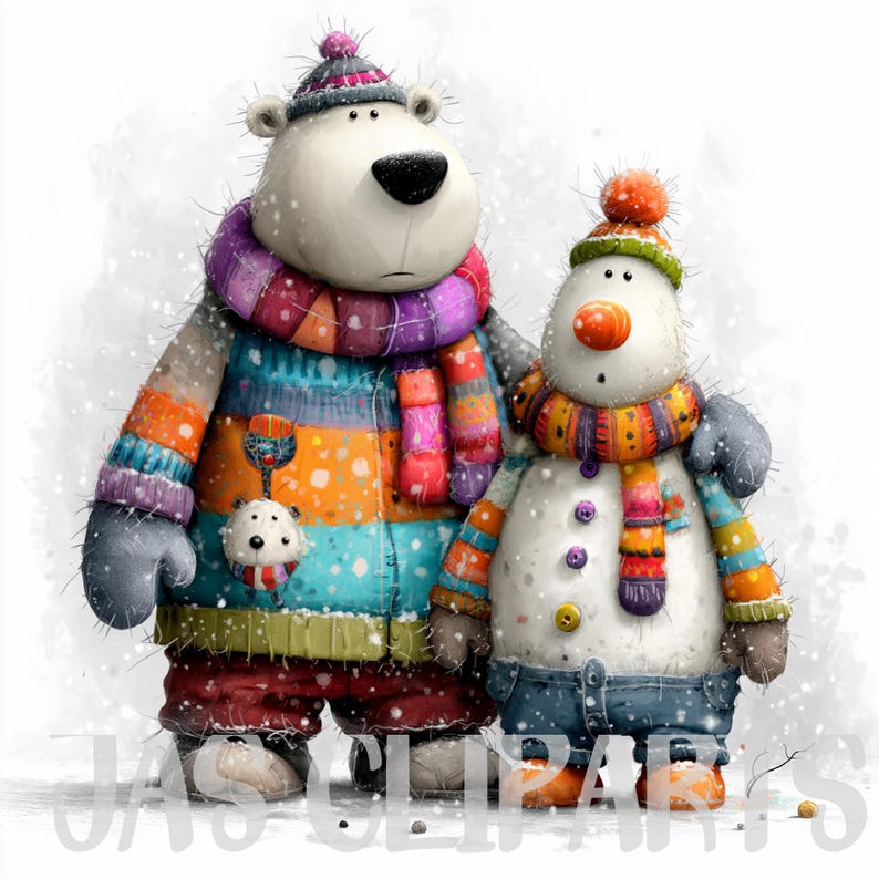 12 Cozy Winter Bear and Snowman Clipart: Whimsical Watercolor Christmas ...