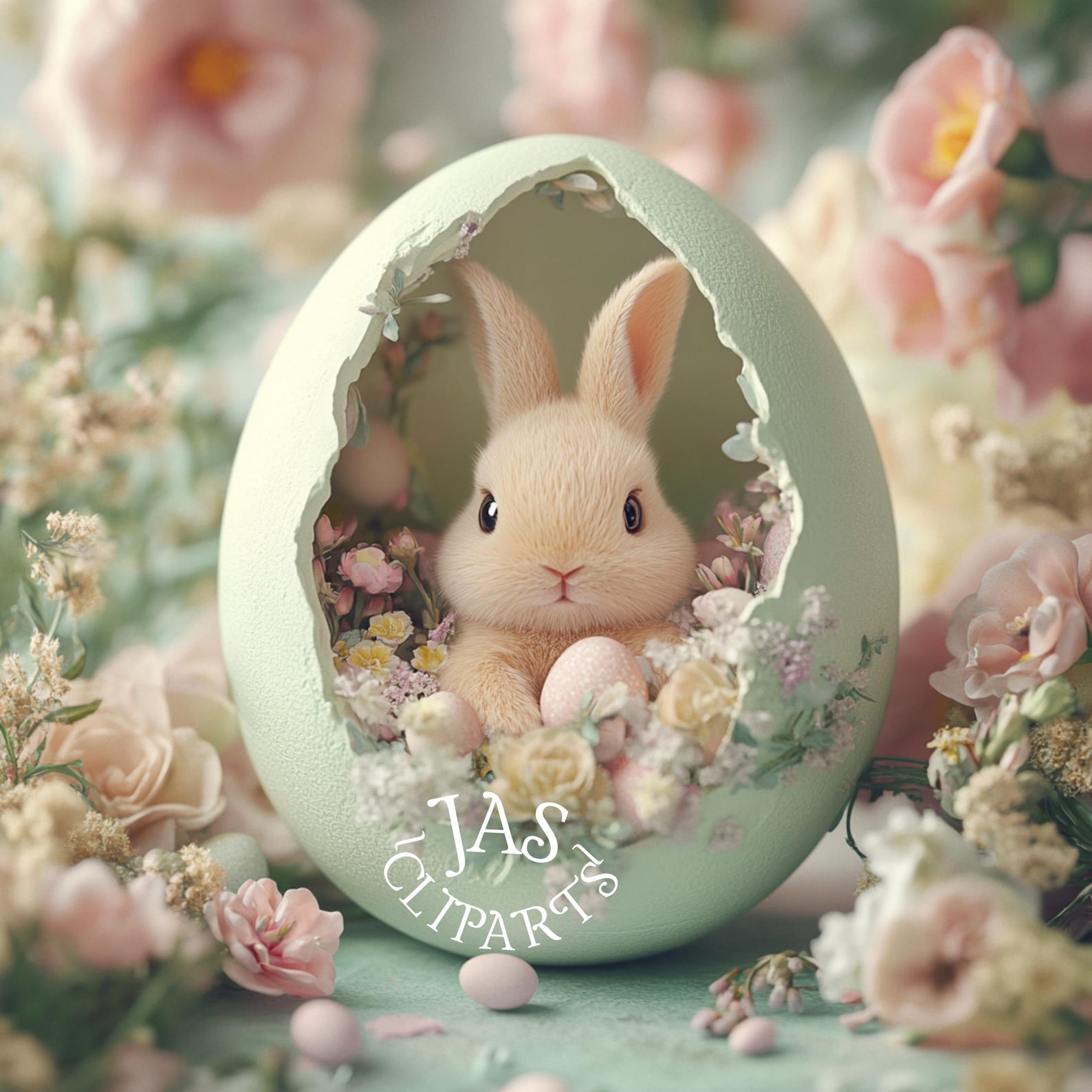 Easter Bunny in Floral Egg Clipart – Cute Spring Rabbit, Pastel ...