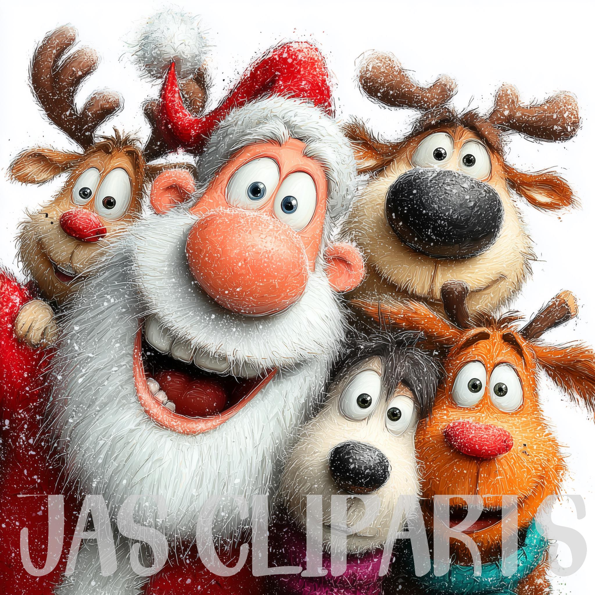 19 Cute Red Santa and Friends Clipart: Funny Holiday Trio Illustration ...