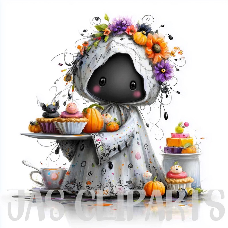 20 Quirky Ghost Clipart: Watercolor Halloween Witch Ghost With Pumpkins ...