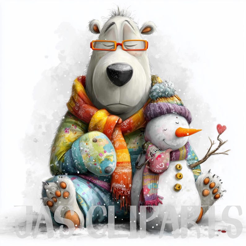 12 Cozy Winter Bear and Snowman Clipart: Whimsical Watercolor Christmas ...