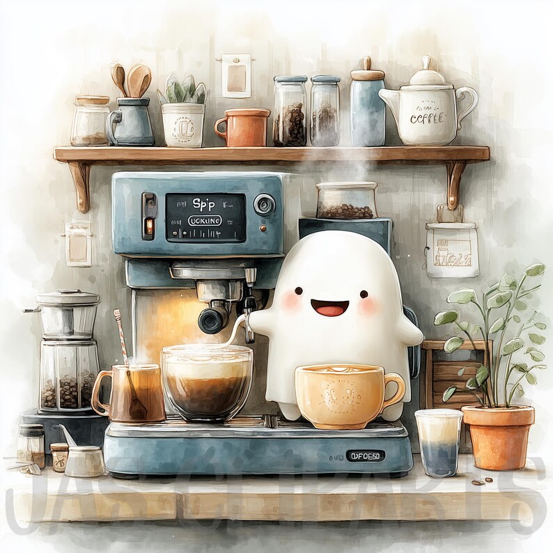 Halloween Ghost Coffee Clipart PNG: Kawaii Barista Art (digital ...