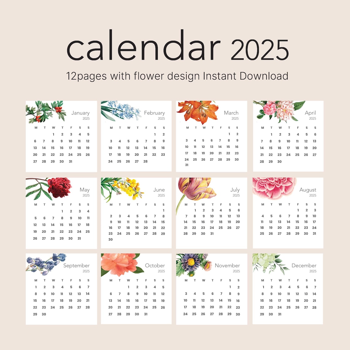 2025 Desk Calendar Printable Download, Watercolor Floral Monthly ...