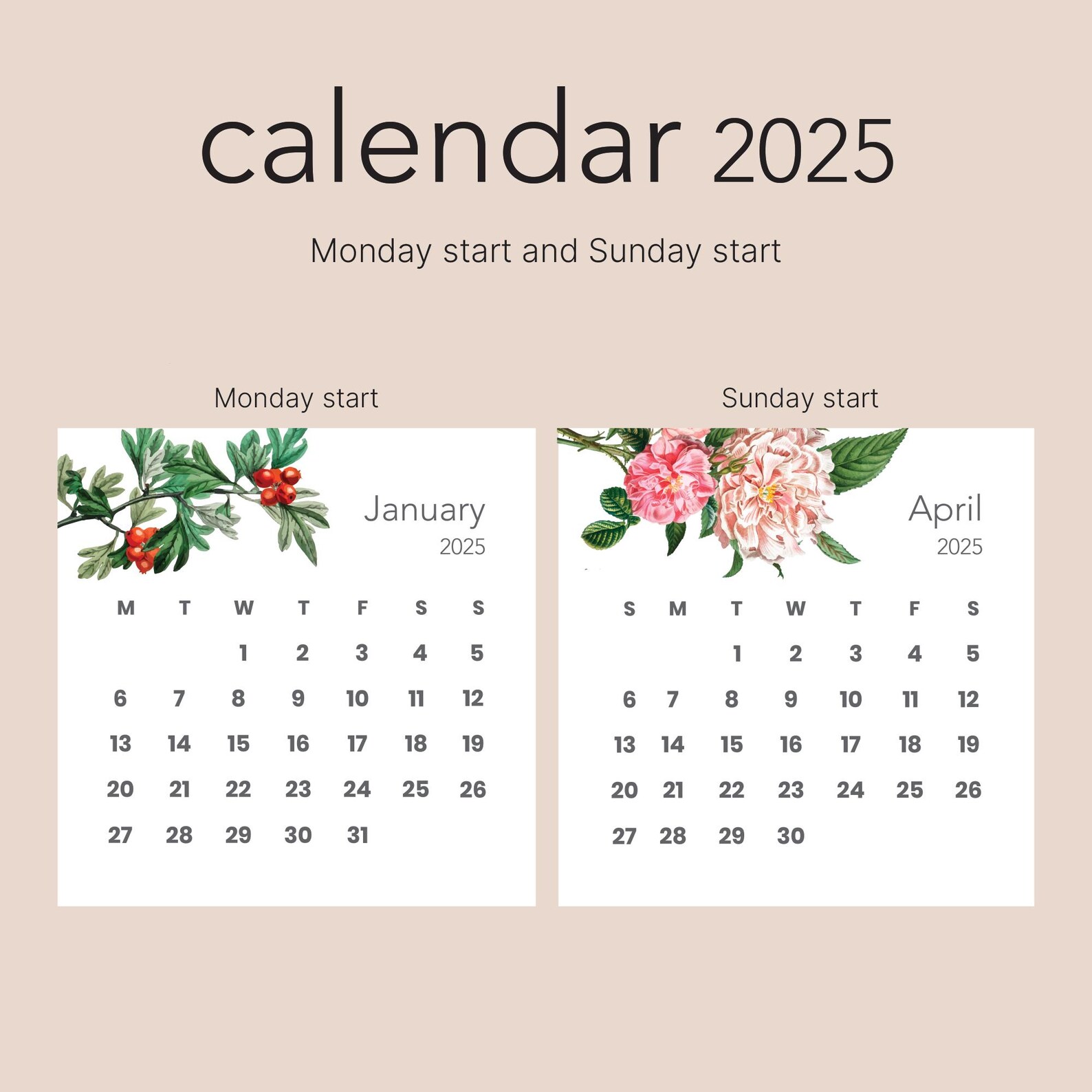 2025 Desk Calendar Printable Download, Watercolor Floral Monthly ...