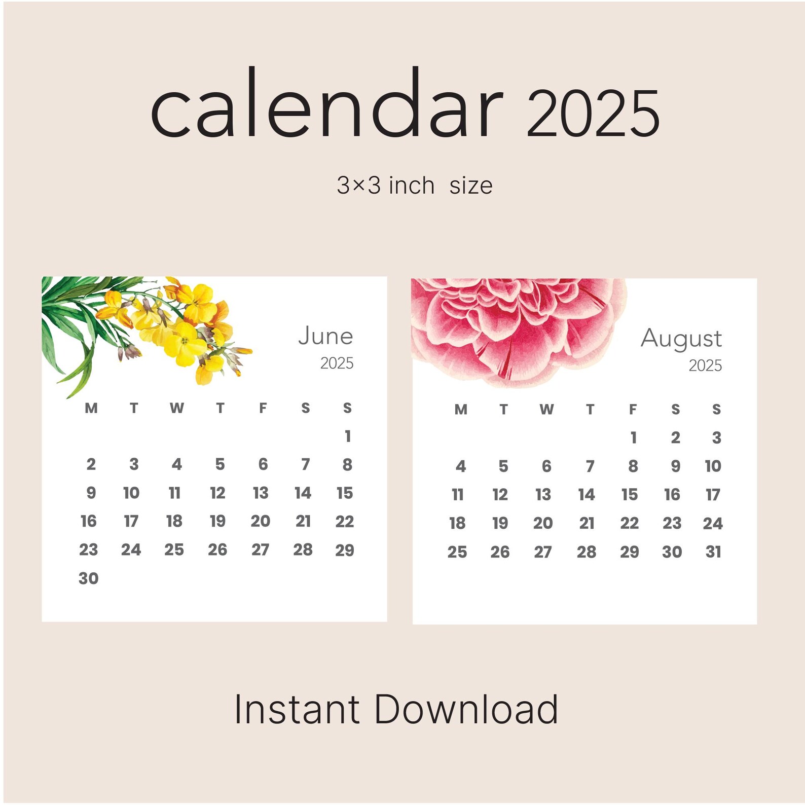 2025 Desk Calendar Printable Download, Watercolor Floral Monthly ...