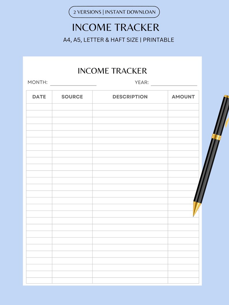 Income Tracker Sheet Financial Planner, Monthly Budget Template, A4/a5 ...