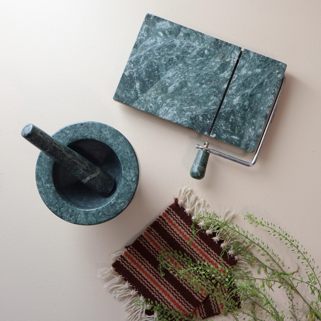 Vintage Green Marble Mortar & Pestal and Cheese Slicer | Kitchen Ware ...