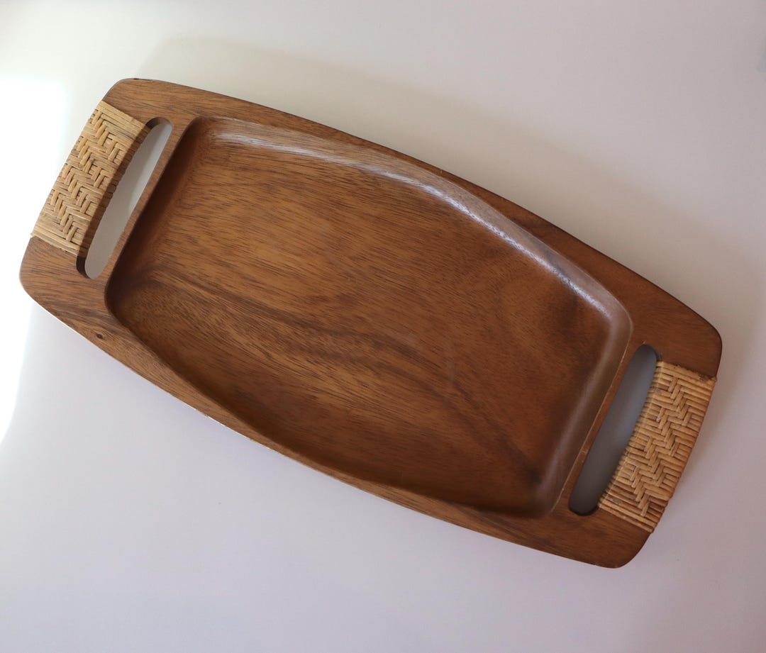 Vintage Monkey Pod Tray With Rattan Handles | Wooden Tray | Mid-century ...