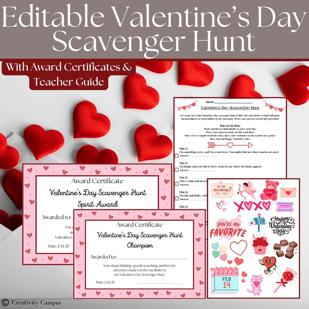 Editable Valentine's Day Scavenger Hunt, Award Certificates, Fun ...