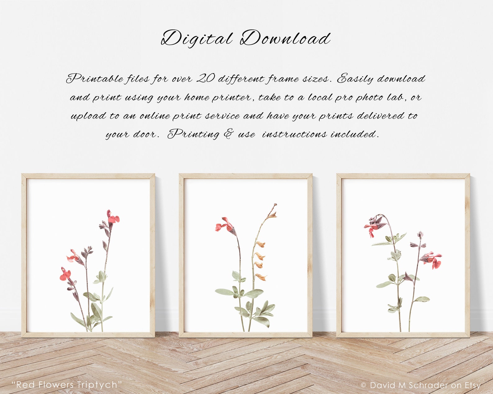 Set of 3 red flower prints Red flower triptych Botanical | Etsy