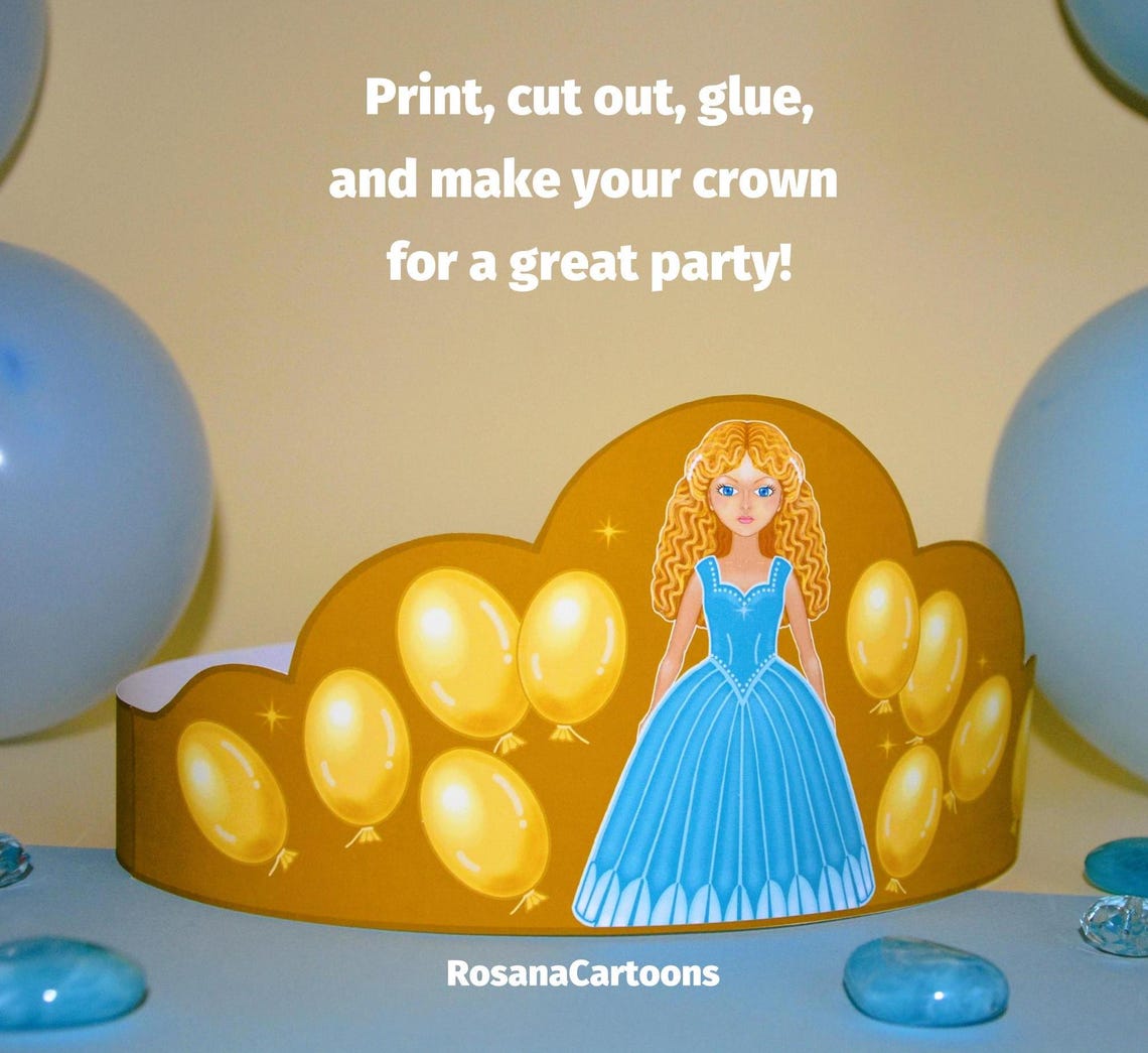 Printable Princess Crown With Balloons, Princess Paper Crown, Birthday ...