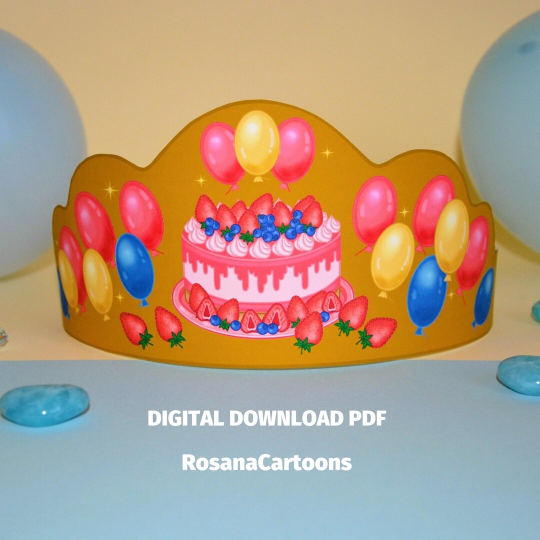Printable Birthday Crown Cake & Balloons, Princess Prince Paper Crown ...