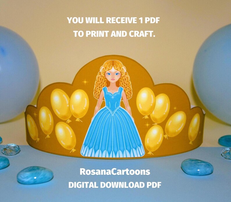 Printable Princess Crown With Balloons, Princess Paper Crown, Birthday ...