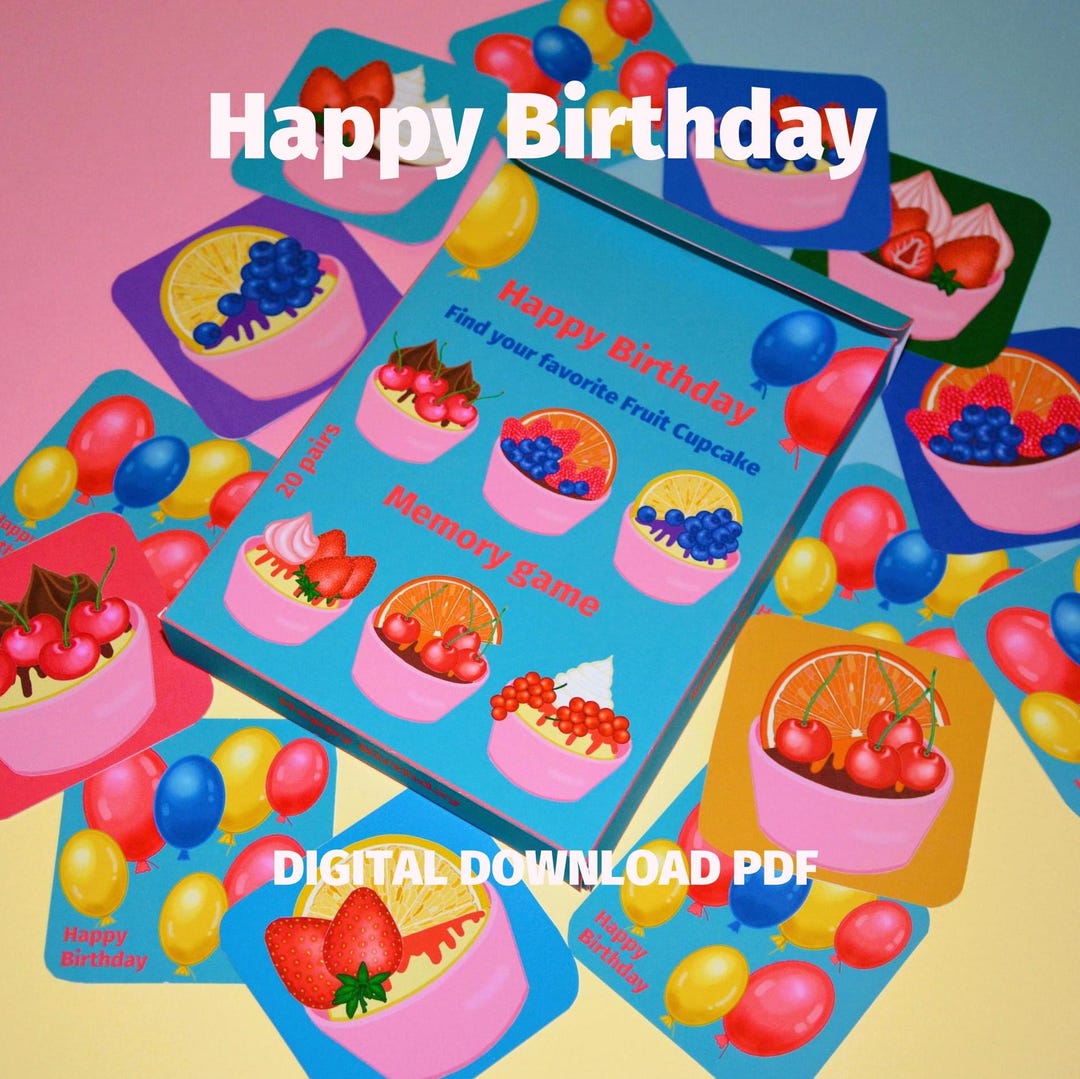 Printable Memory Game Birthday Cupcakes With Baloons, 20 Pairs of Cards ...