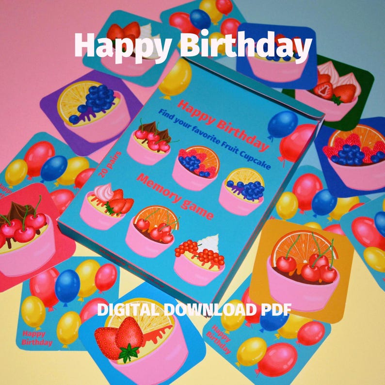Printable Memory Game Birthday Cupcakes With Baloons, 20 Pairs of Cards ...