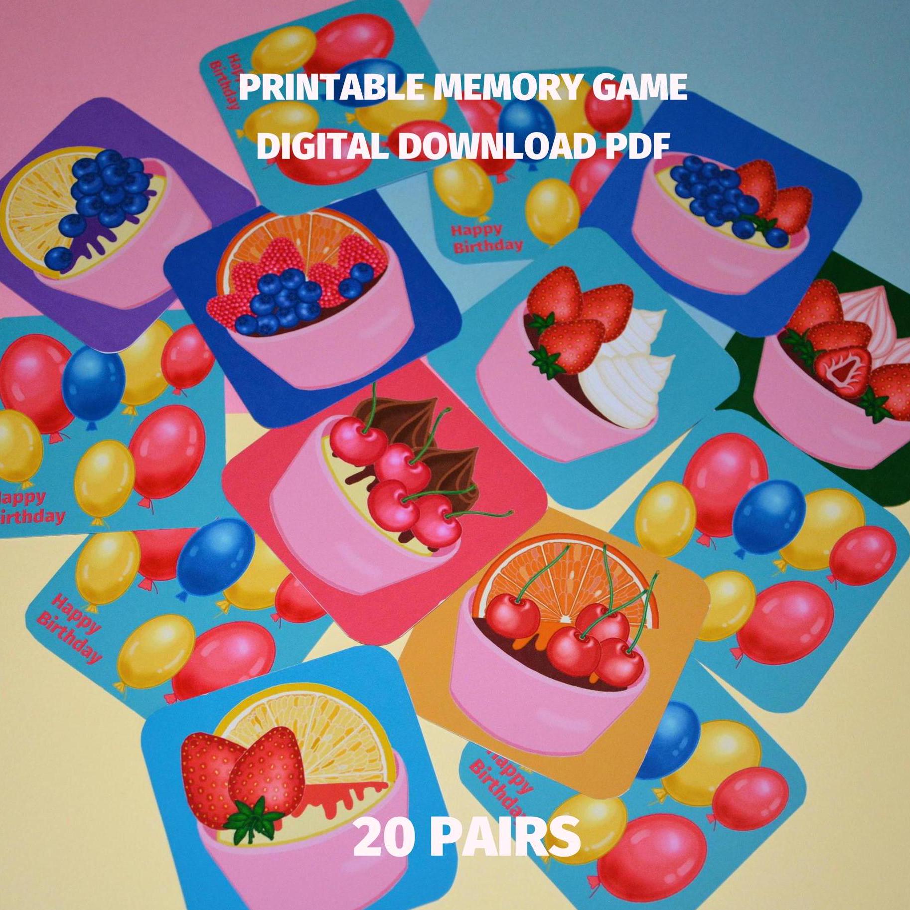 Printable Memory Game Birthday Cupcakes With Baloons, 20 Pairs of Cards ...