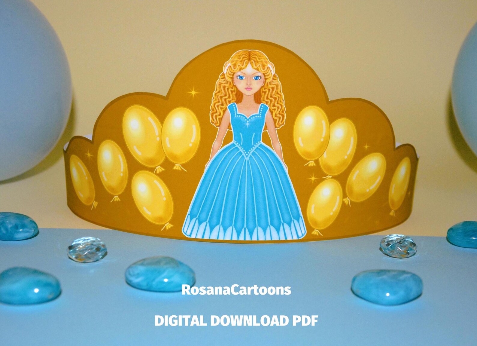Printable Princess Crown With Balloons, Princess Paper Crown, Birthday ...