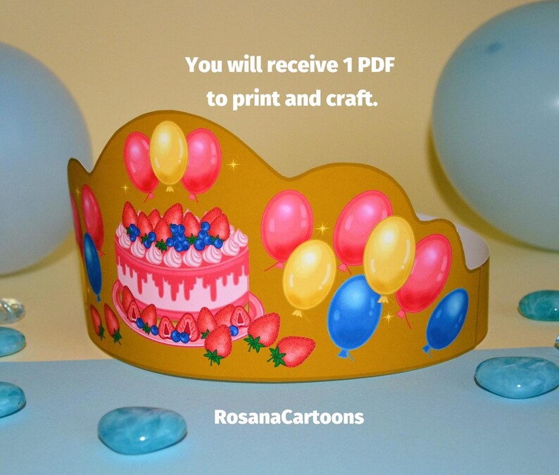 Printable Birthday Crown Cake & Balloons, Princess Prince Paper Crown ...