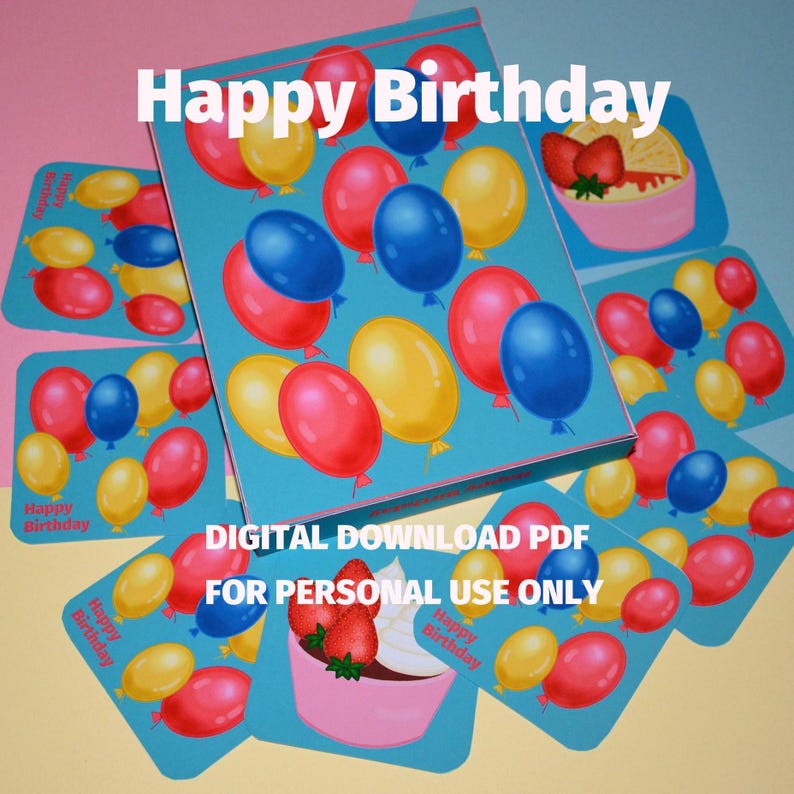 Printable Memory Game Birthday Cupcakes With Baloons, 20 Pairs of Cards ...
