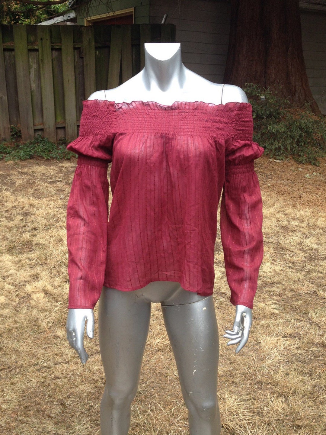 Off the Shoulders Top in Burgundy – Elastic Gathered “bubbled” Sleeves ...