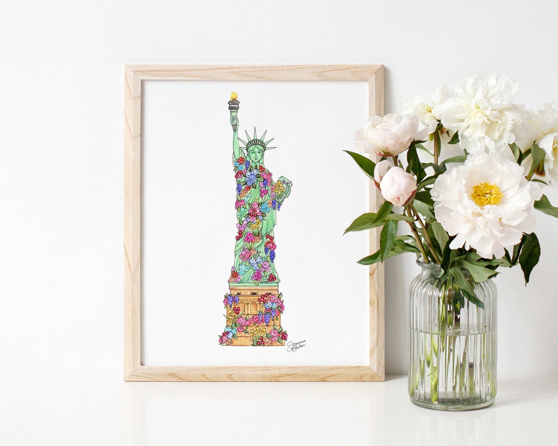 Liberty Flowers Art Print / New York City Statue of Liberty Floral ...