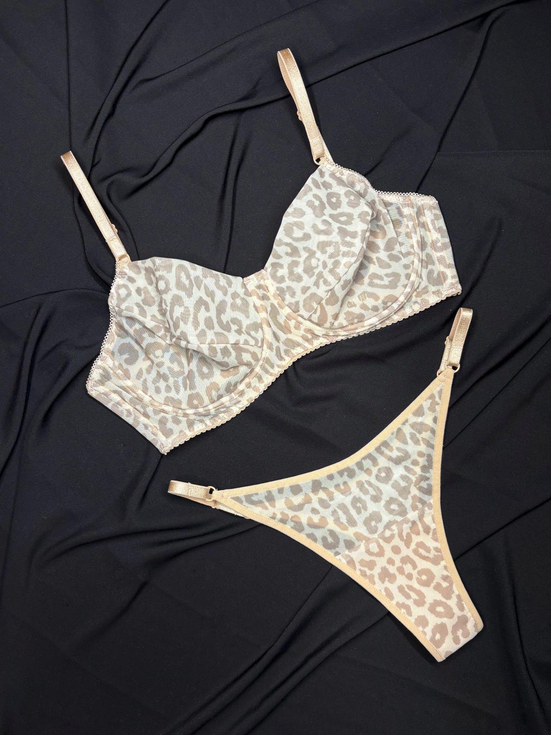 Nude Beige Leopard Lingerie, Mesh Underwear, Leopard Lingerie Set ...