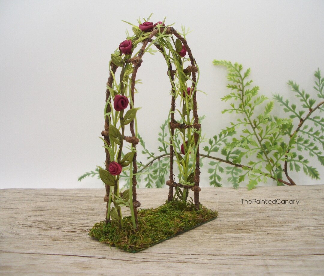 Arbor Arch With Burgundy Silk Roses, Miniature Fairy Garden or ...