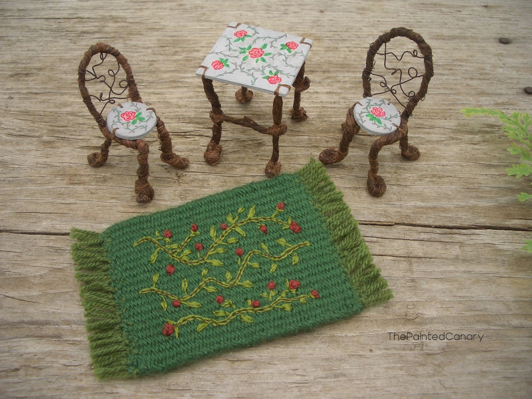 Handmade Fairy Table and Chairs Set With Handwoven Rug, Miniatures ...