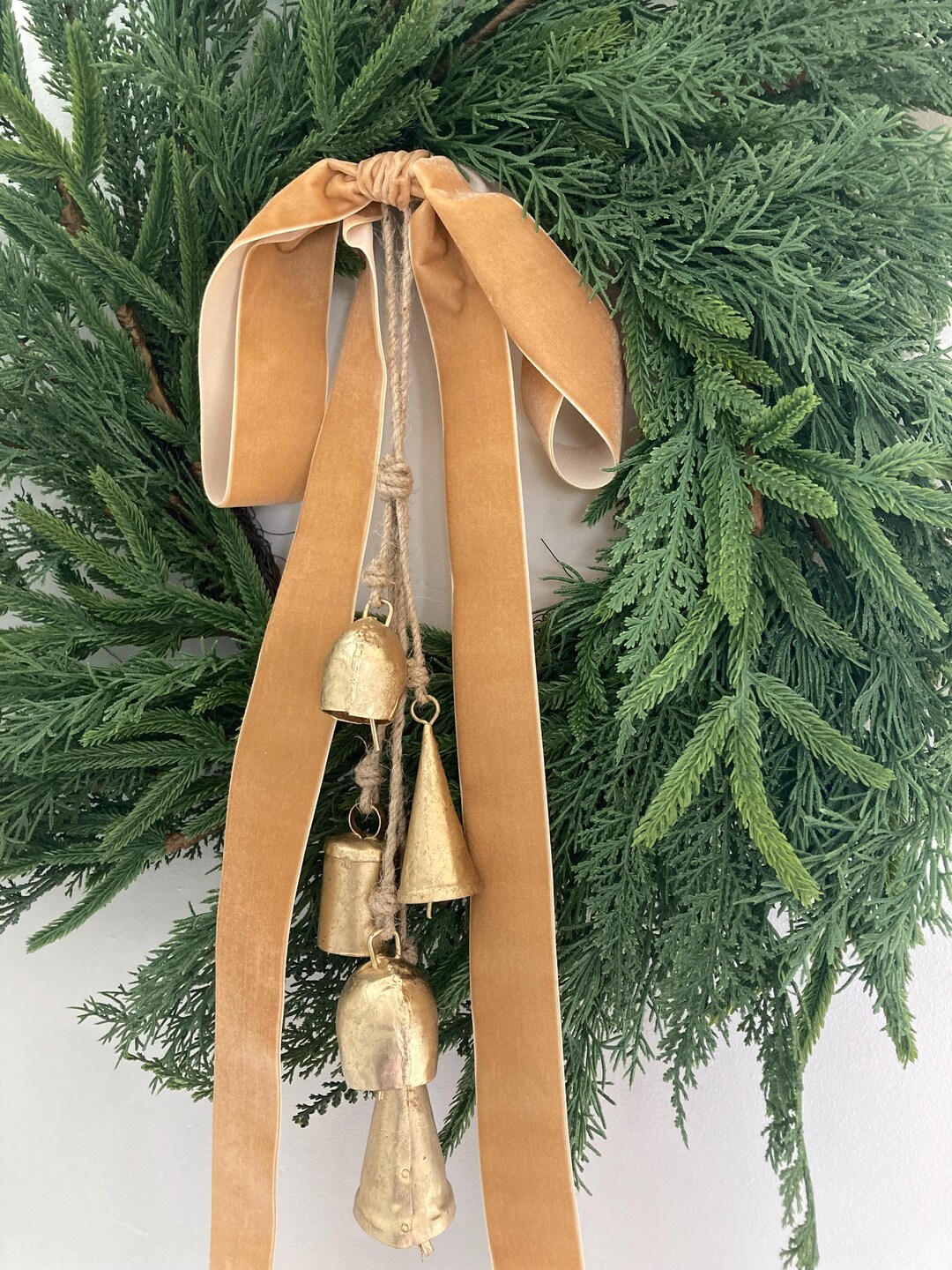 Light Tan Velvet Wreath Bow With Bells Khaki Velvet Ribbon Bow for ...