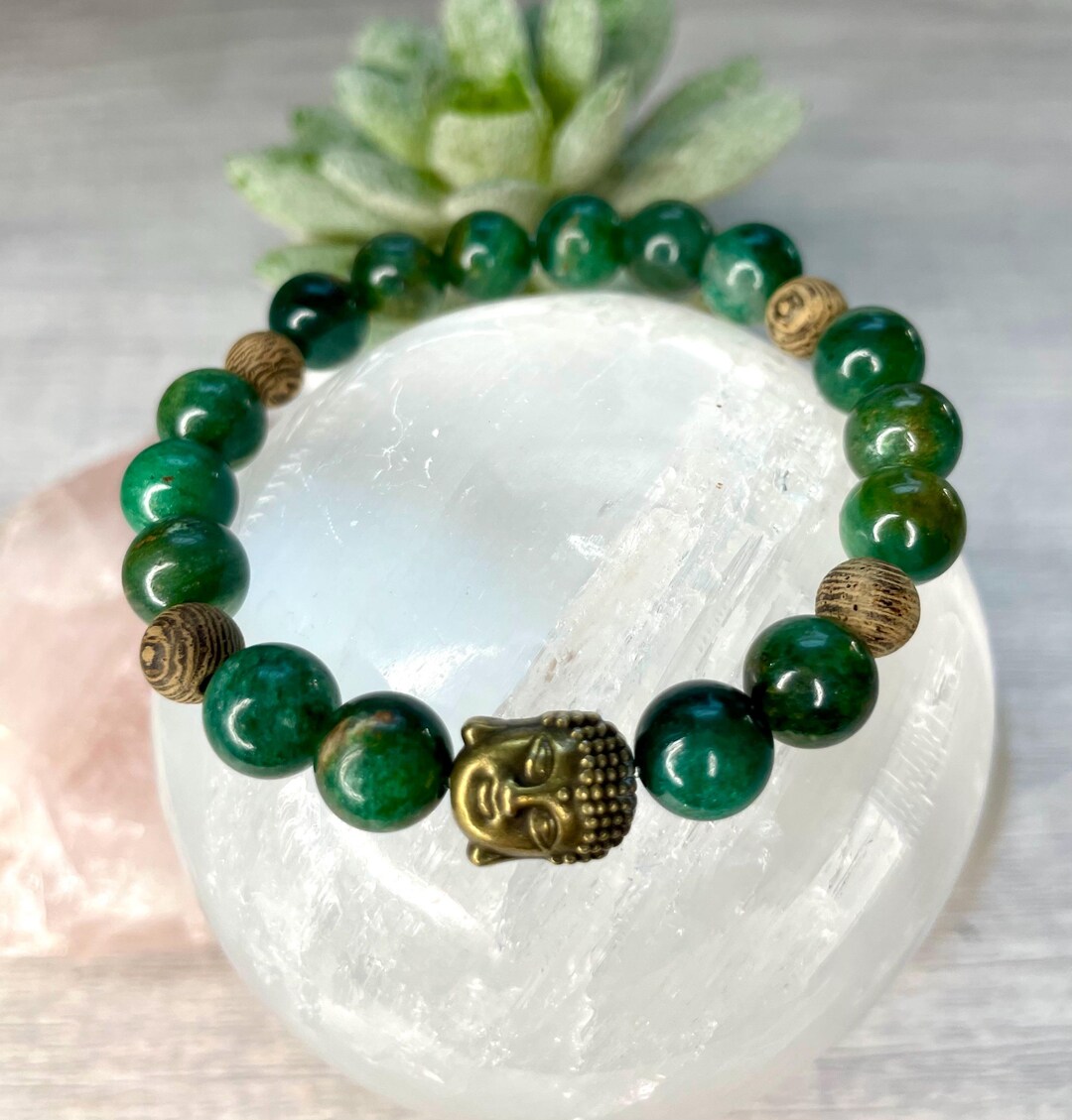 Green Mica Bracelet 8mm, Wood Accents, Brass Buddha Charm | Balance ...