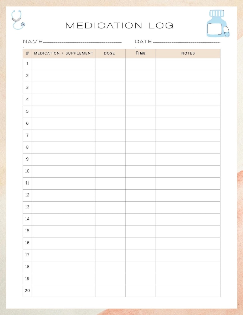 Medication Log Printable, Medication Tracker, Medication Intake ...