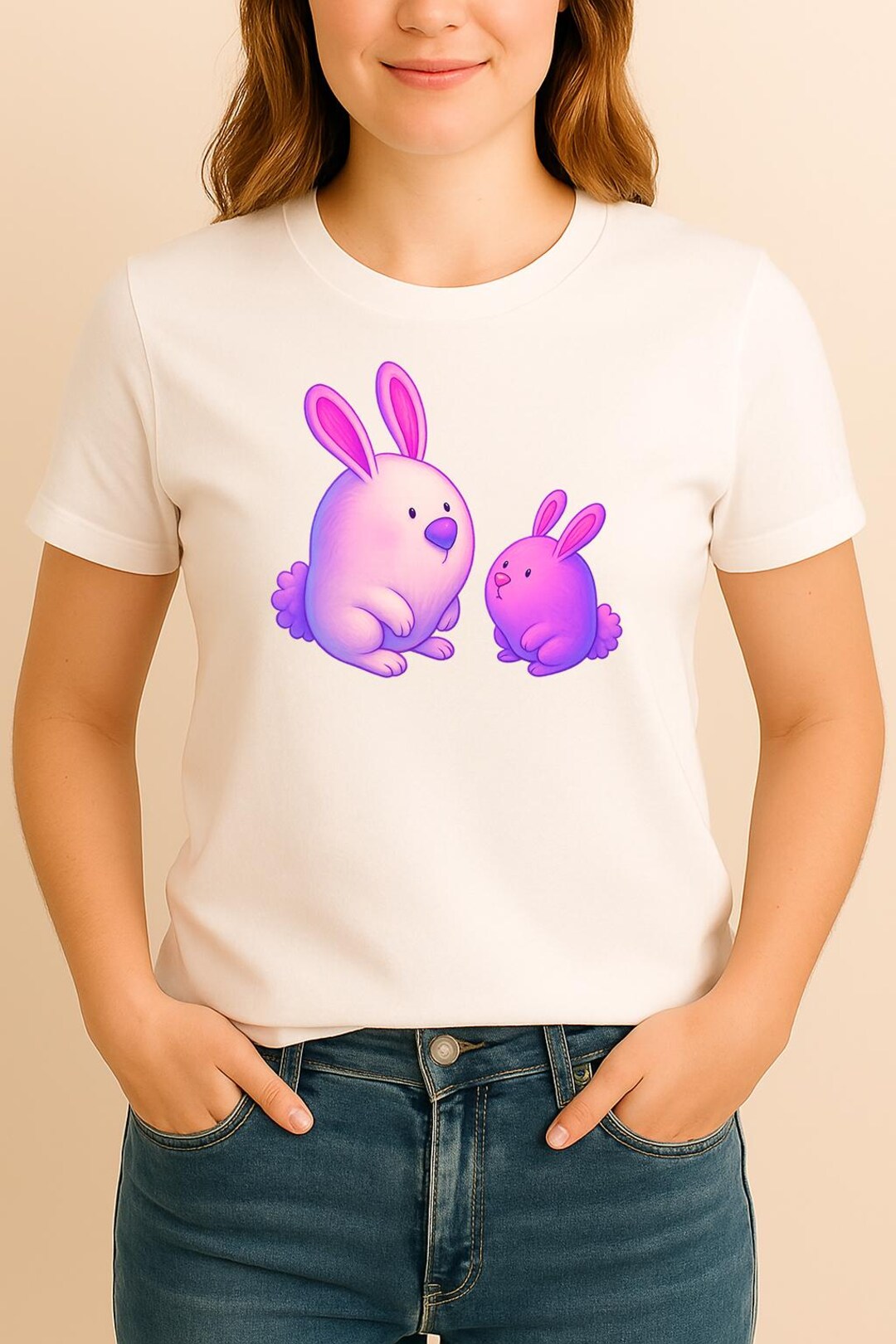 Adorable Glowing Bunny PNG, a Cute Rabbit Duo in Neon Pink and Purple ...