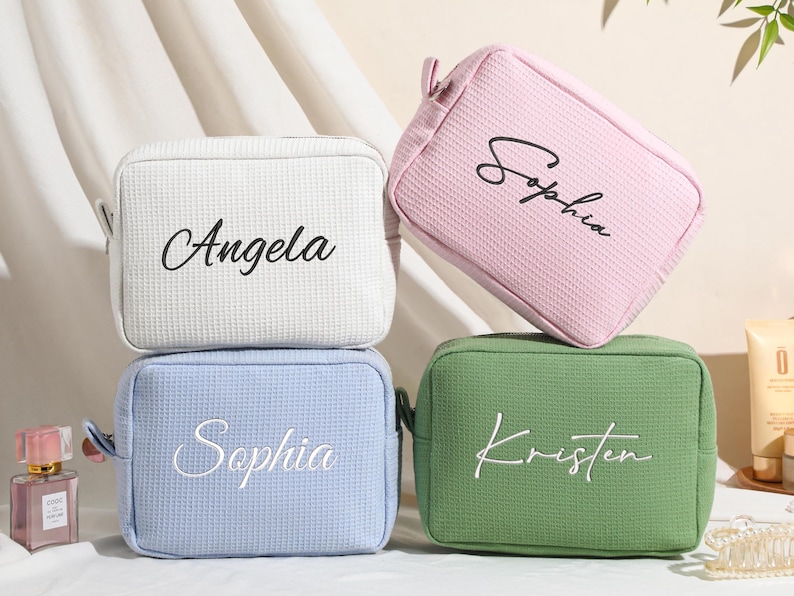 Embroidered Monogram Makeup Bag, Personalized Waffle Cosmetic Bag, Name ...