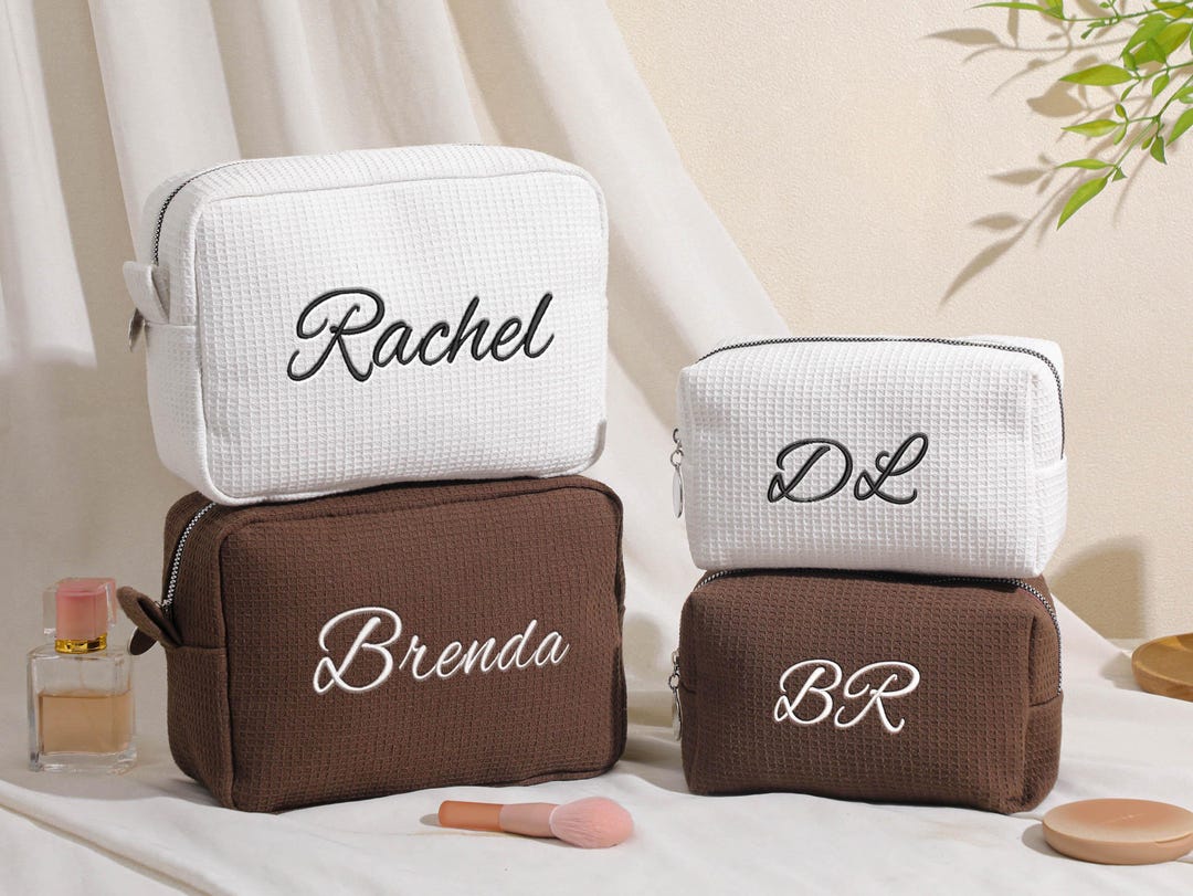 Embroidered Monogram Makeup Bag, Personalized Waffle Cosmetic Bag, Name ...