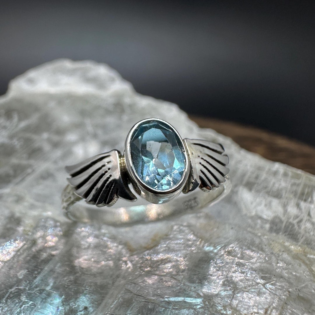 Natural Blue Topaz Angel Wing Ring, Blue Topaz Ring, 925 Sterling ...