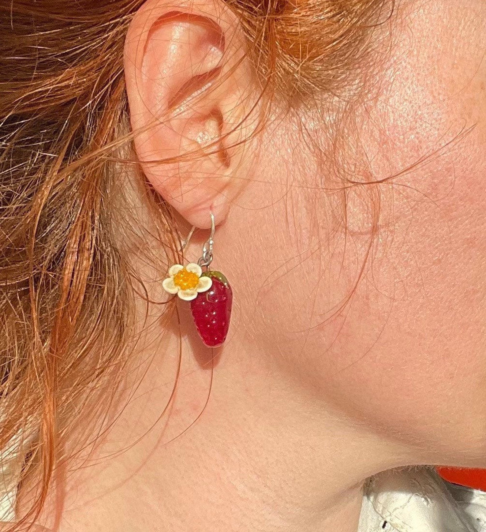 Red glass Strawberry Earrings with blossoms | Etsy