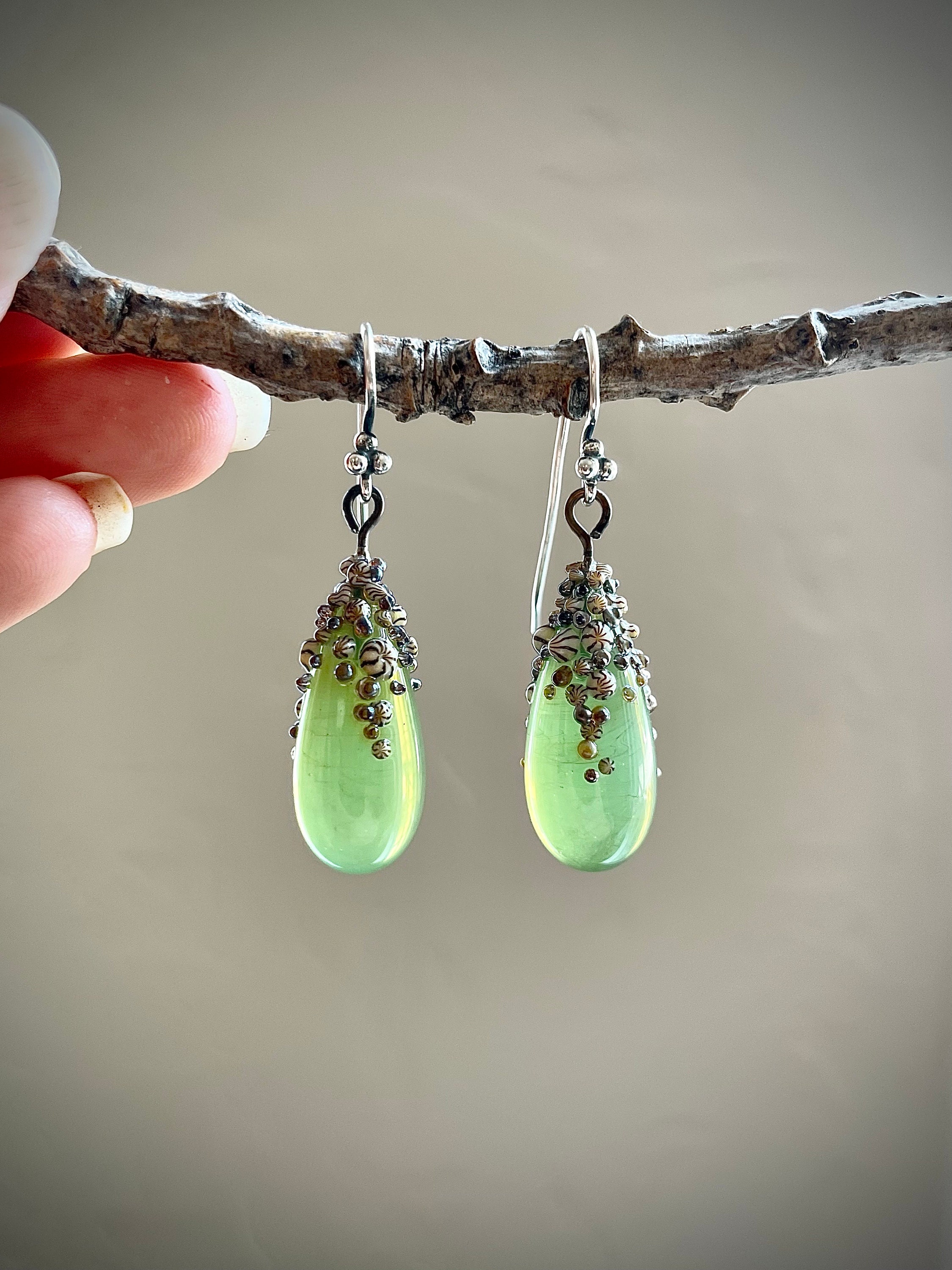 Green Moonstone Glass Barnacle Cap Earrings - Etsy