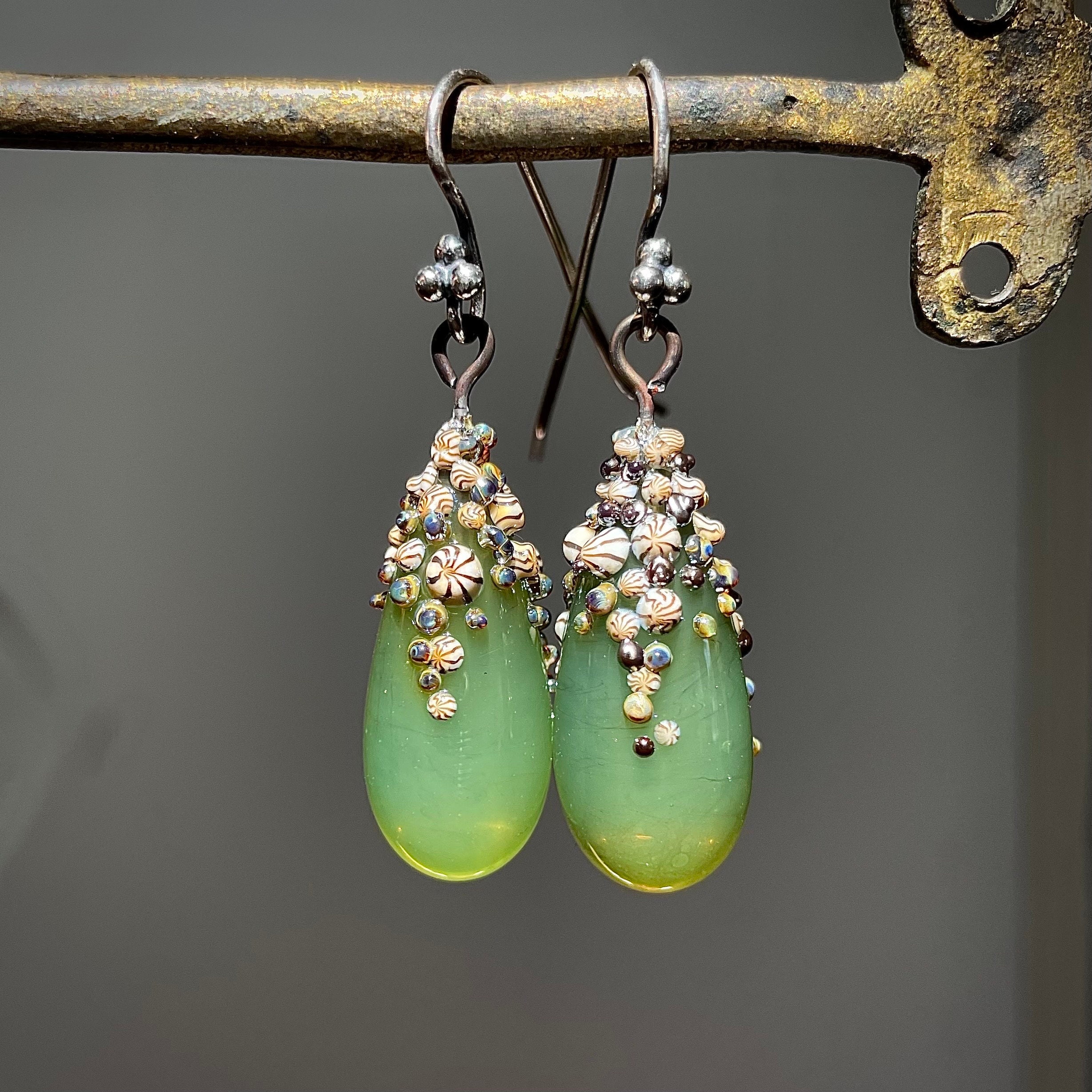 Green Moonstone Glass Barnacle Cap Earrings - Etsy
