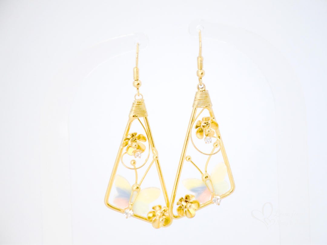 Gold-plated Triangle Earrings: Shell Butterfly & Diamond Inlay - Etsy