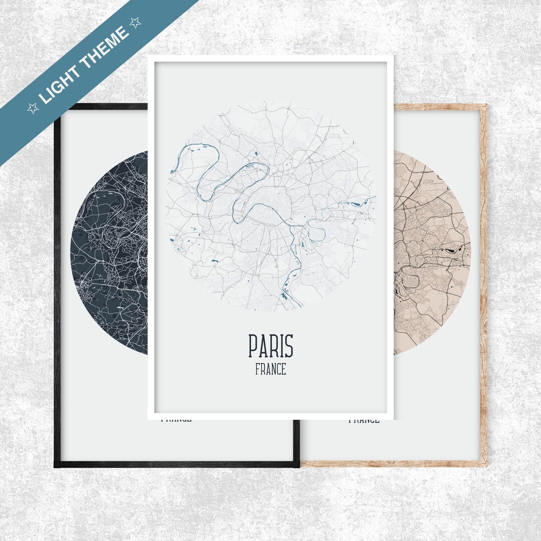 Light Theme Paris Map, Circle France Map Print, Scandi, 3rd ...