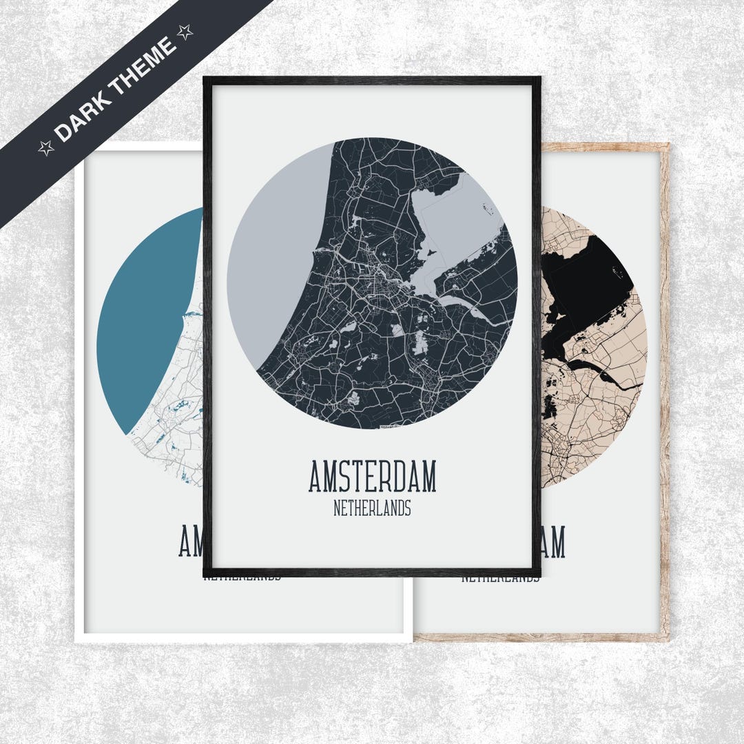 Dark Theme Amsterdam Map, Circle Map Poster, Netherlands Map Print ...