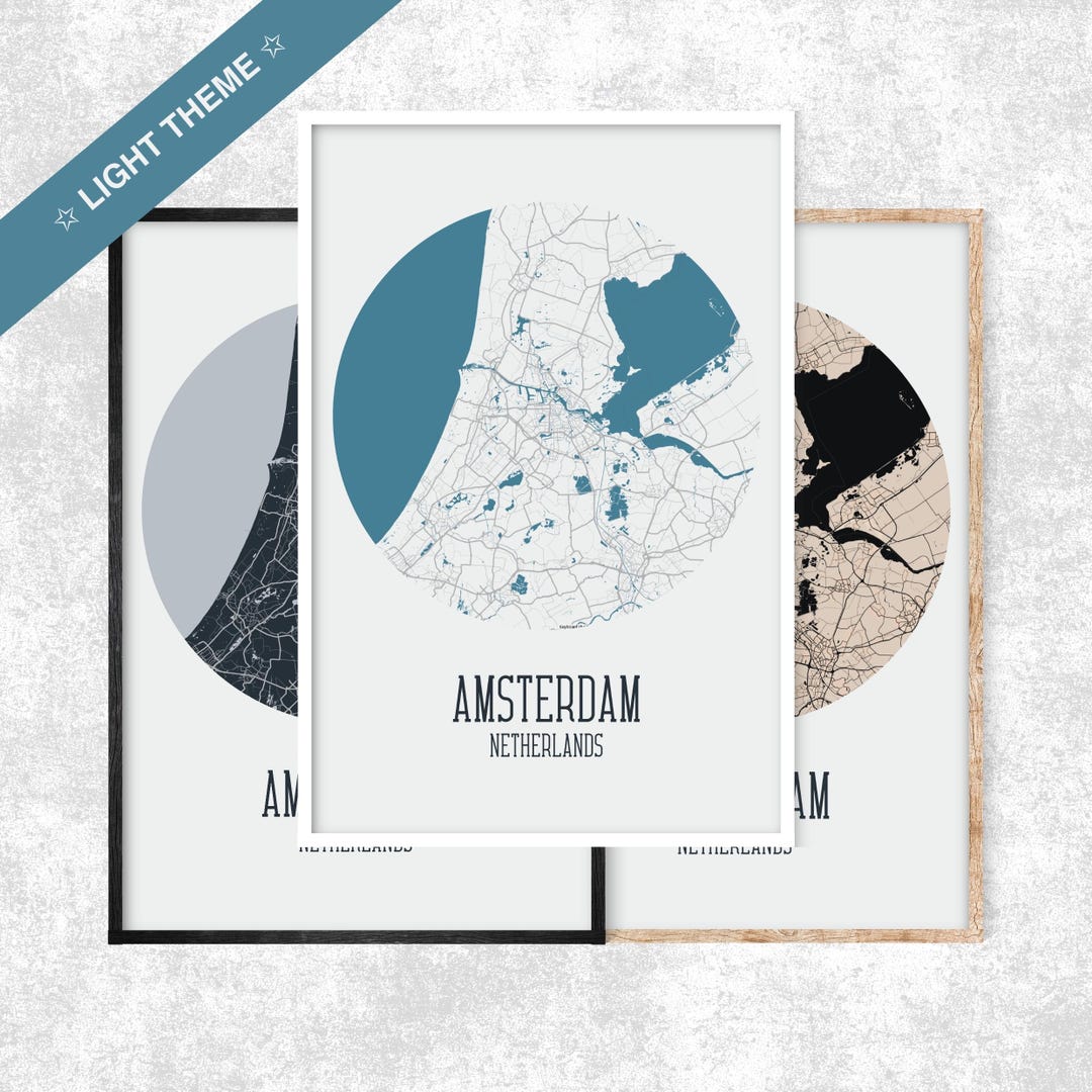 Light Theme Amsterdam Map, Circle Map Poster, Netherlands Map Print ...